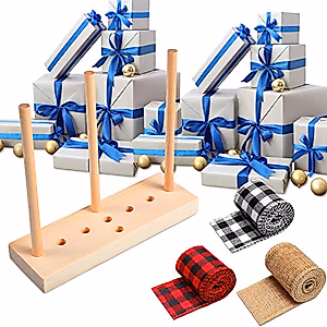 Wooden Ribbon Bow Maker with 3 Rolls Wired Burlap Craft Ribbons for Christmas Bows Holiday Wreaths Crafts Decoration