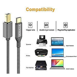 USB C Printer Cable 15ft, AkoaDa USB B To USB C Cable Compatible With MIDI, Piano, MacBook Pro, iPad Pro, HP Canon Printers, Lexmark, Brother, Xerox, MacBook Air And More Type-C Devices/Laptops (Grey)