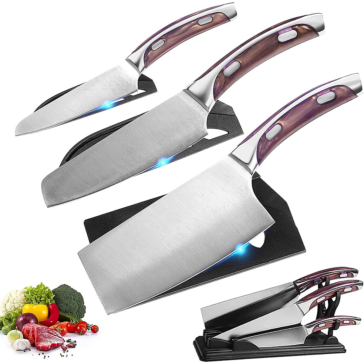 Full Tang Butcher Knife, Handmade Forged Kitchen Chef Knife, High Carbon Clad Steel Butcher Cleaver (3PCS Set)