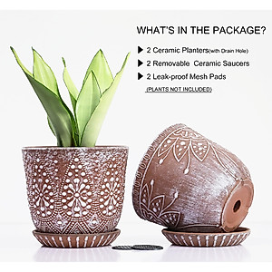 Gepege 6 Inch Beaded Ceramic Planter Set of 2 with Drainage Hole and Saucer for Plants, Indoor-Outdoor Large Round Succulent Orchid Flower Pot