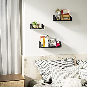 SRIWATANA Floating Shelves Wall Mounted, Solid Wood Shelves Wall Bookshelves Set of 3 for Bedroom, Living Room, Bathroom, Kitchen - Black