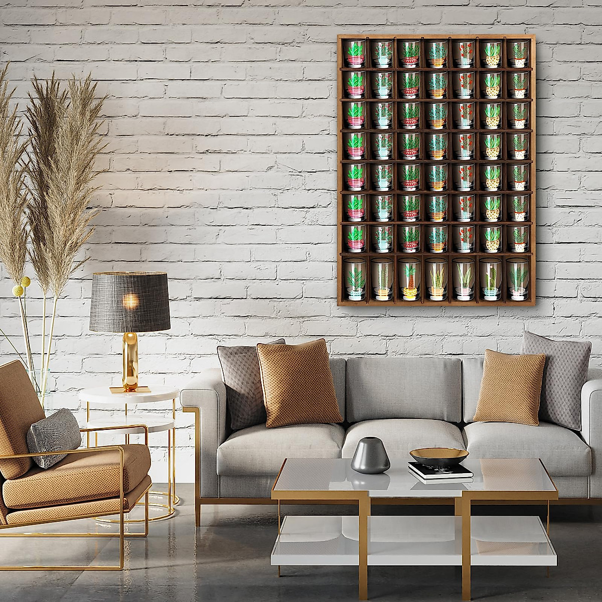 Barydat Shot Glass Display Case Wood Shot Glass Holder 56 Compartments Shot Glass Shelf Wall-Mounted Rustic Glass Bar Cabinet(Brown, 2 Pcs)