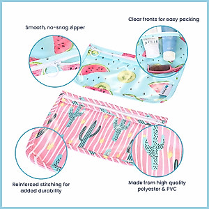 EzPacking Clear Zipper Pouches (Set of 2) / Transparent Reusable PVC Organizers for Women’s Purse or Tote Bag/Cute Slim Flat Japanese Style Watermelon Cactus Pouch for Travel (Cactus)