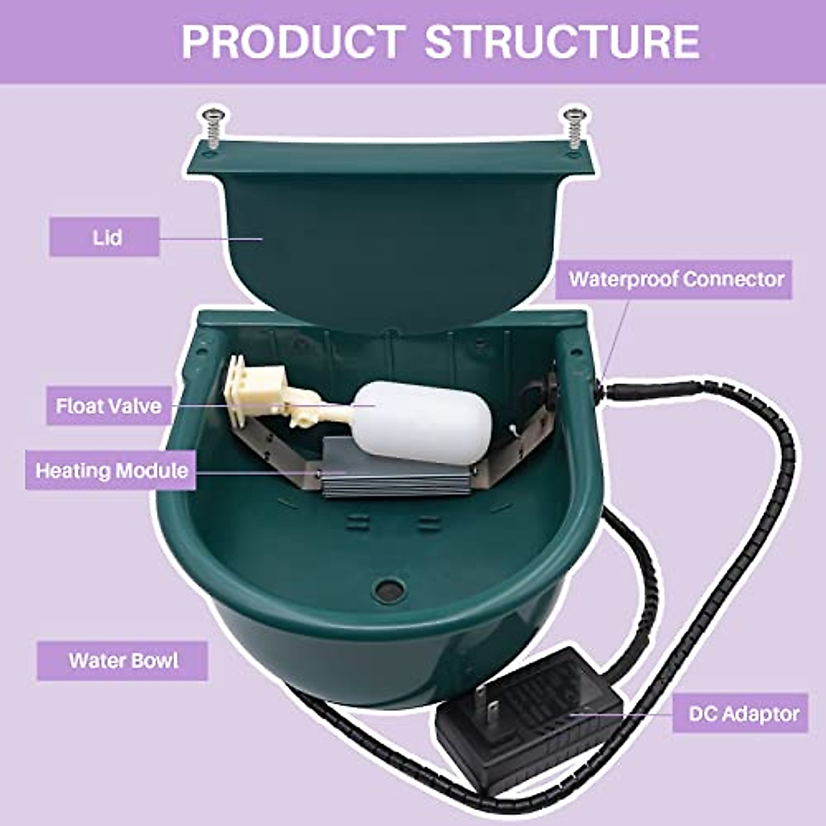 PAULOZYN Heated Automatic Livestock Waterer Dog Water Bowl Dispenser Outdoor Winter Animals Thermal-Bowl for Chicken Horse Cattle Cow Pet Goat Sheep Pig, with Float Ball Valves