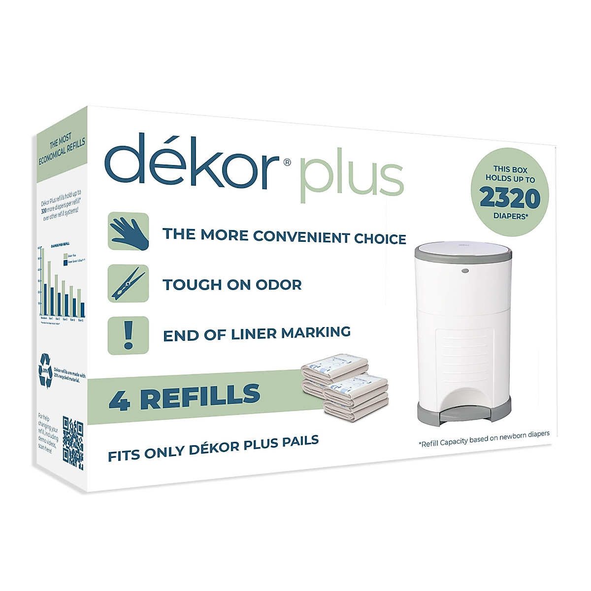 DEKOR Plus Diaper Pail Refills | 4 Count | Most Economical Refill System | Quick & Easy to Replace | No Preset Bag Size – Use Only What You Need | Exclusive End-of-Liner Marking | Baby Powder Scent