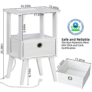LELELINKY White Nightstand with Charging Station and USB Ports, 2 Tier Night Stand with Drawers Open Storage Shelf, Modern Narrow Sofa Side Tables, Small Wood End Table for Bedroom,Living Room