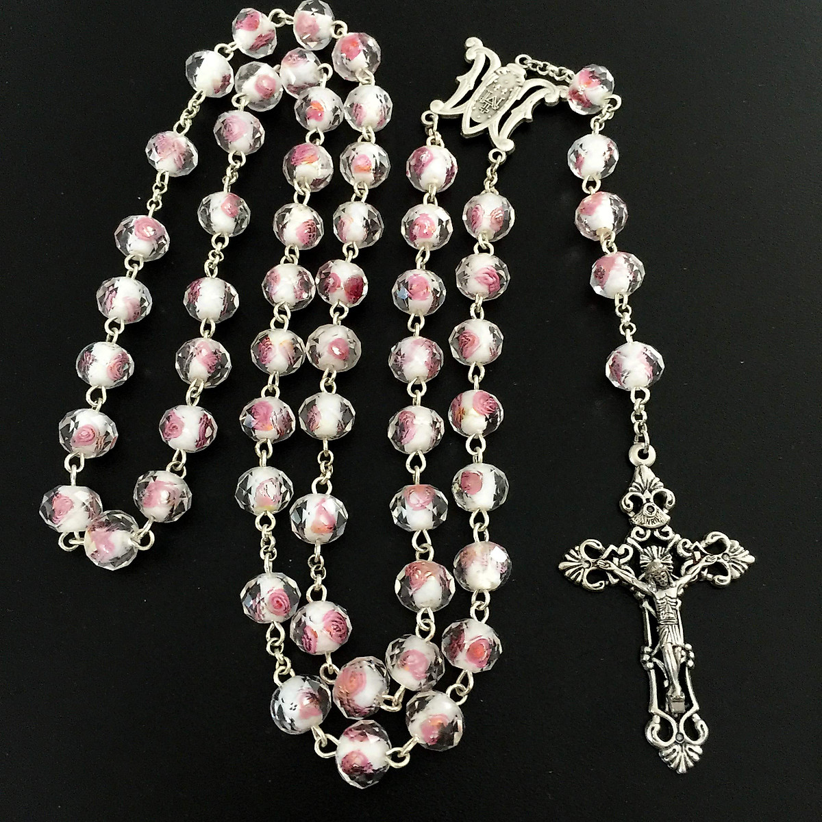 elegantmedical Handmade ROSE PINK Veluriyam ROSE BEADS ROSARY & ITALY CROSS MEDAL Catholic necklace GIFT BOX