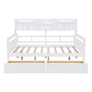 Harper & Bright Designs Full Daybed with Storage, Wooden Full Size Bed Frame with Bookcase Headboard and 2 Drawers, Full Sofa Bed with Shelves for Living Room Bedroom, No Box Spring Need, White
