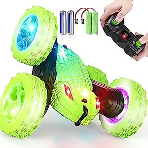 OrrenteRemote RC Cars, Remote Control Car with Wheel Lights and Headlights, Double Sided 360° Rotating RC Car, 4WD RC Truck for 6 Year Old Boy Gifts 2.4Ghz Stunt Kids Toy Car for Boys Girls (Green)