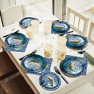 Gone Fishing Party Plates Napkins Gone Fishin' Dinnerware Fishing Themed Tableware for Fishing Tournament Birthday Party Disposable Paper Plates Napkins Party Decorations Supplies Favors 24 Guests