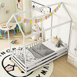 KOMFOTT Twin Size Floor House Bed, Wooden Montessori Bed with Roof & Full-Length Safety Guardrail, Floor Playhouse Bed Frame for Kids, Girls, Boys (White)