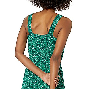 Amazon Essentials Women's Fluid Twill Tiered Fit and Flare Dress, Green Vine Print, X-Large