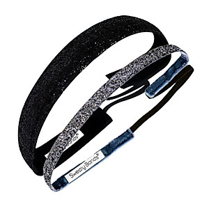 Sweaty Bands Womens Girls Headband - Non-Slip Velvet-Lined Sparkly Fitness Hairband - 2-Pack Viva Diva Black 1-Inch and Viva Diva Gunmetal 3/8-Inch