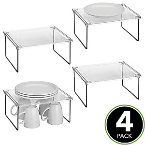 mDesign Metal Stacking Storage Organization for Kitchen Cabinet Shelves in Pantry, Cupboard, Fridge/Freezer - Organizer Stand for Plates, Bowls, Mugs, Ligne Collection, 4 Pack, Clear/Matte Black
