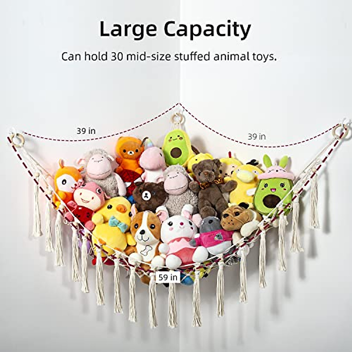Orkeedu Stuffed Animal Net or Hammock with LED Lights, Large Toy Storage Hooks, Macrame, Cotton Beige