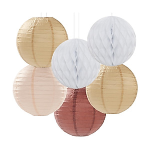 Boho Baby-Shower Party-Decorations Streamers-Lanterns - 14pcs White Brown Champagne Neutral Birthday Wedding Bridal Paper Fan,Tissue Pom Poms,Honeycomb Balls,Engagement Fall Christmas Decor Ouruola