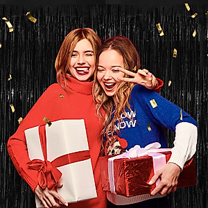 Black Metallic Tinsel Foil Fringe Curtains Backdrop 2Pack 3.3x8.3Ft Party Streamers for Birthday Party Decorations Halloween Christmas Decors Foil Curtain Backdrop for Bachelorette Bridal Party