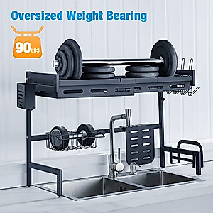 LEPO Over The Sink Dish Drying Rack, 2 Tier Stainless Steel Adjustable Length (25.6-33.5in) & Height(20.5-24.4in) Large Dish Rack Drainer with Utensil Holder for Kitchen Countertop Organizer, Black