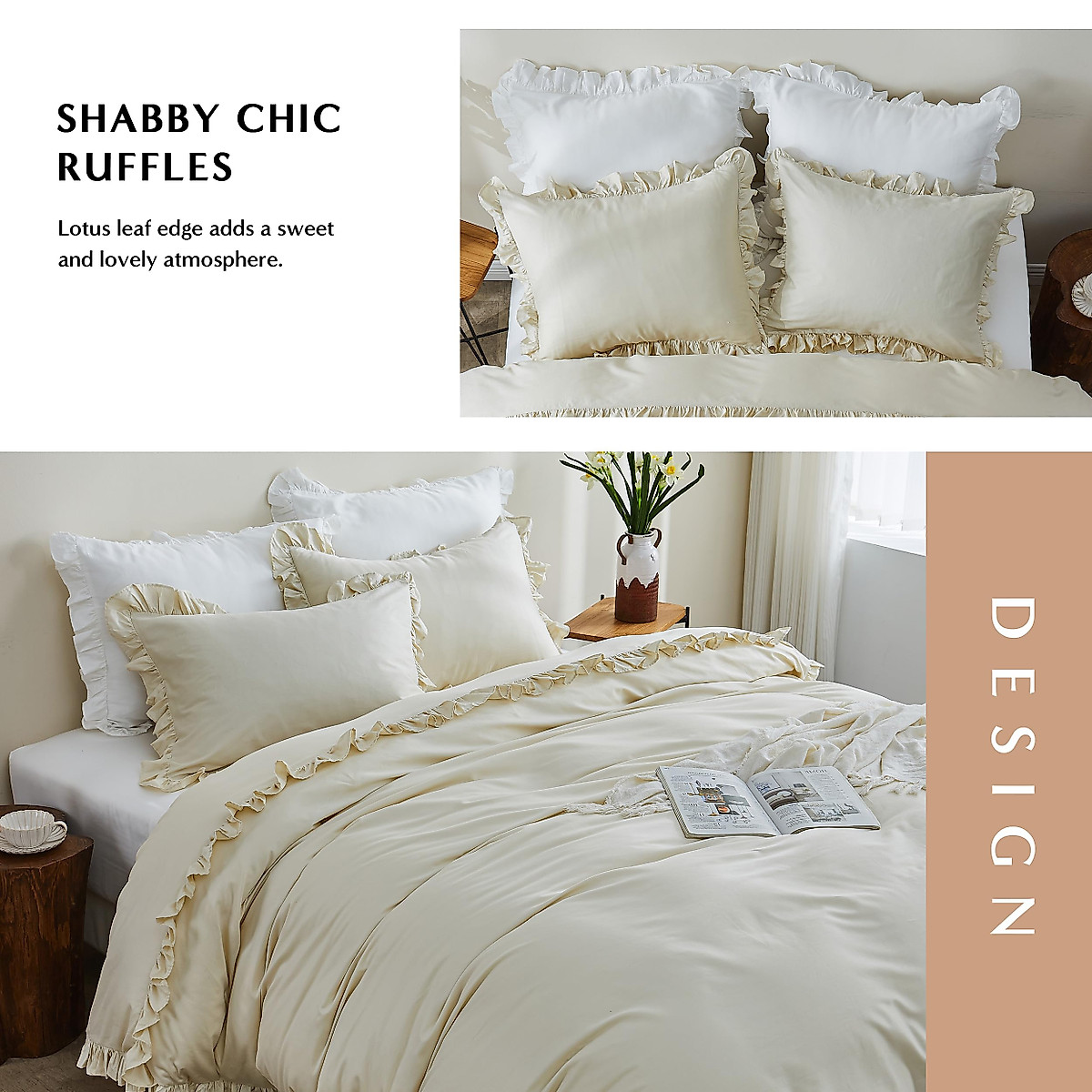 Simple&Opulence Kids 100% Organic Cotton Duvet Cover Ruffle- 3 Pcs (1 Comforter Cover 2 Pillowcases) Lace Shabby Chic High End Boho Floral Frill Bedding Set(Peach Pink,Queen)