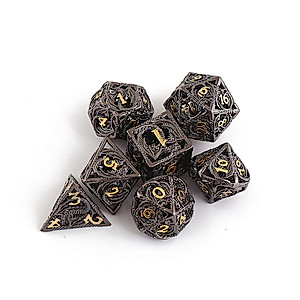 Hollow Metal D&D Dice Set with Gift Box, DND Role Playing Game D20 D12 D10 D8 D6 D4 Polyhedral Dice Set for Dungeons and Dragons Pathfinder Shadowrun Math Teaching RPG, Black Gold