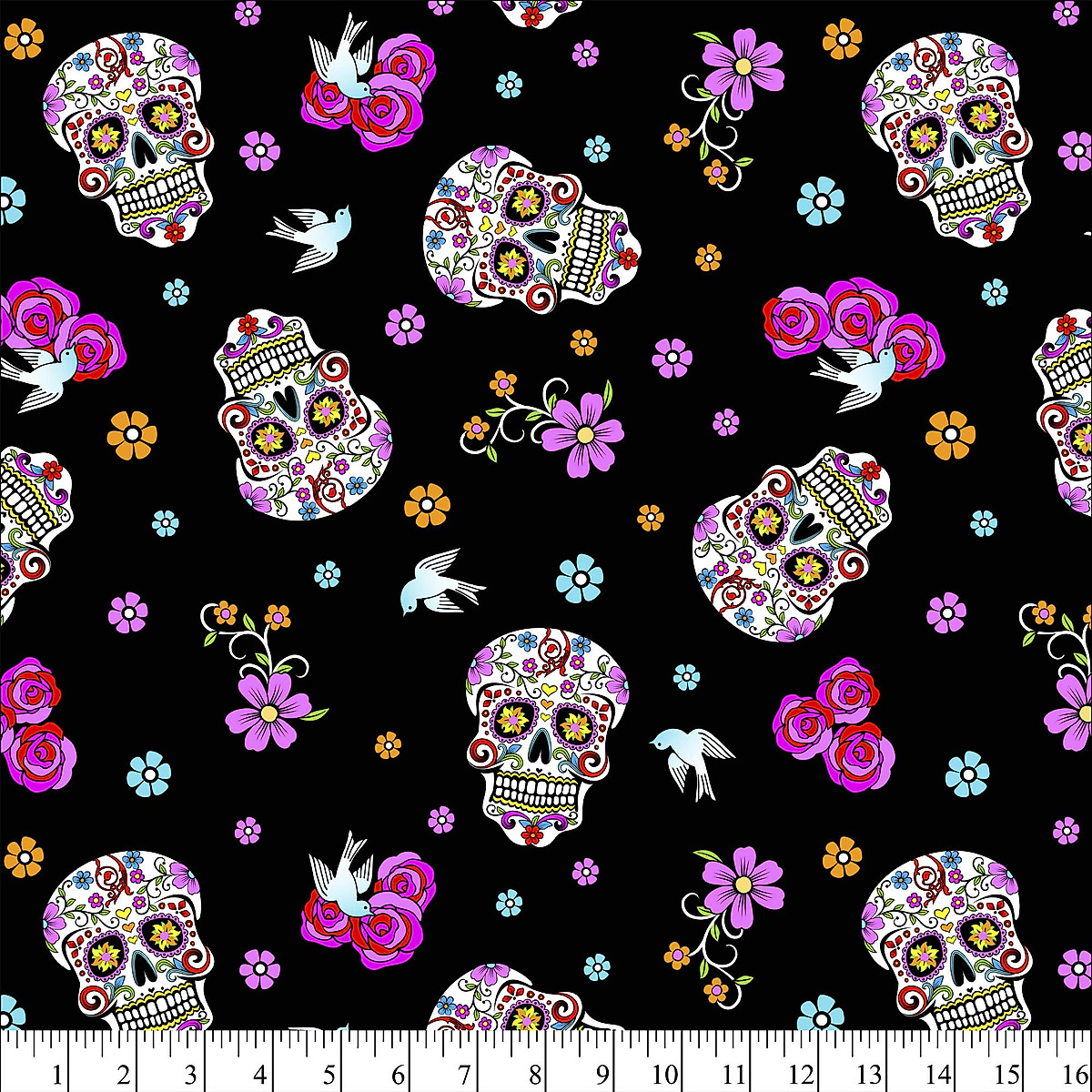 Day of The Dead Skulls Cotton Fabric by The Yard, with Glitter