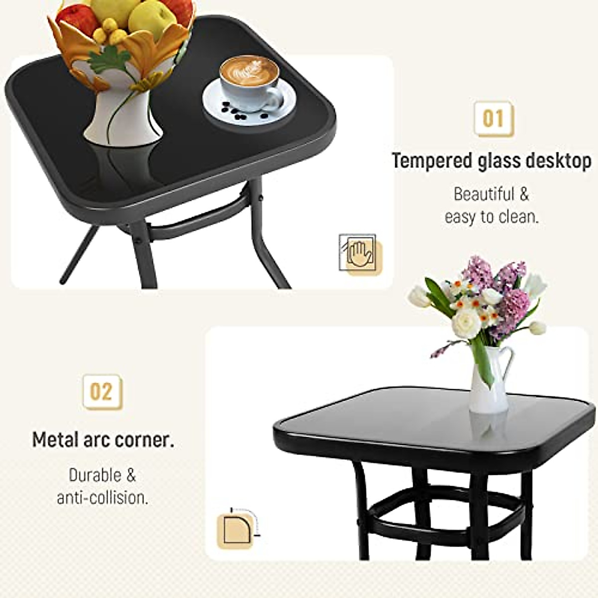 SOLAURA 3-Piece Outdoor Rocking Chairs Bistro Set, Black Iron Patio Furniture with Red Thickened Cushion & Glass-Top Coffee Table