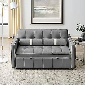 HomSof Modern 55.5" Pull Out Sleep Bed 2 Seater Loveseats Sofa Couch with Side Pockets Adjsutable Backrest and Lumbar Pillows for Apartment Office Living Room, Style E, Grey