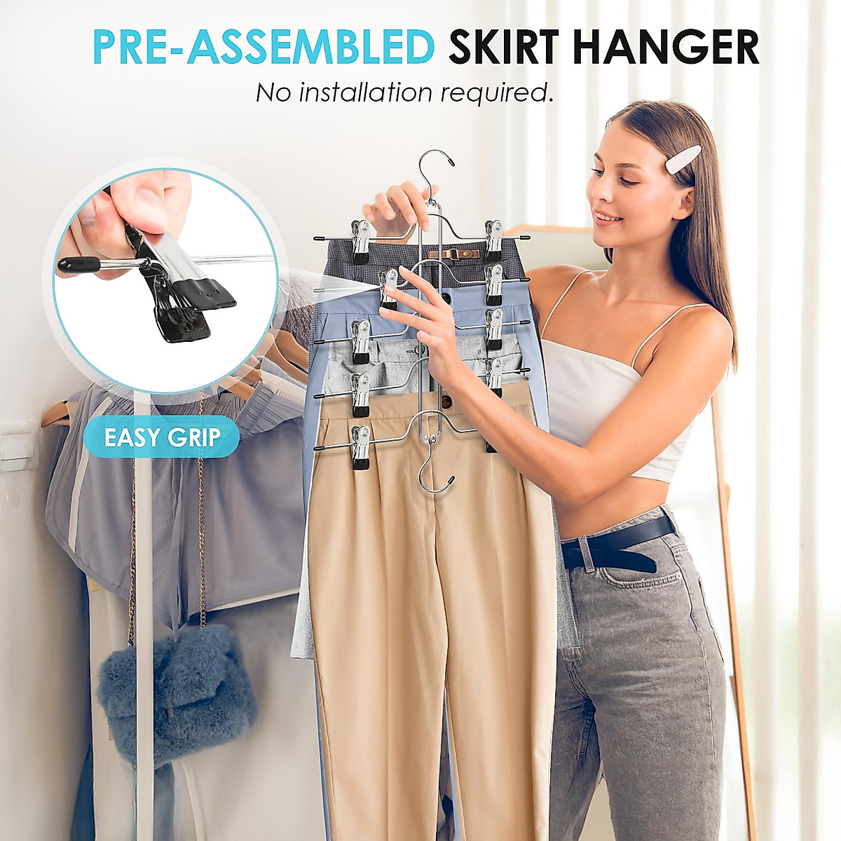 Skirt Hangers with Clips, Jadkysarh 5 Tier Pants Skirt Hangers Space Saving Multi Shorts Hangers with Adjustable Clips Closet Organizer and Storage for Jeans, Leggings - 2 Pack