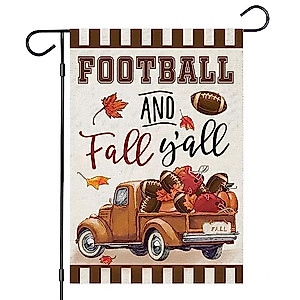 Welcome Fall Garden Flags for Outside Decorations, FOOTBALL and Fall Y'all Truck with Maple Leaves Small Yard Flag, Harvest Autumn Thanksgiving Seasonal Farmhouse Holiday Outdoor Decor 12x18 Inch Vertical Double Sided