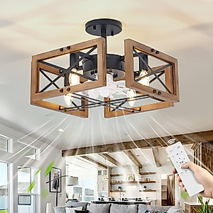 Farmhouse Ceiling Fans with Lights, Wood Flush Mount Ceiling Fan Lights with Remote Control,Caged Indoor Ceiling Fan with Light for Living Room,Bedroom,Kitchen