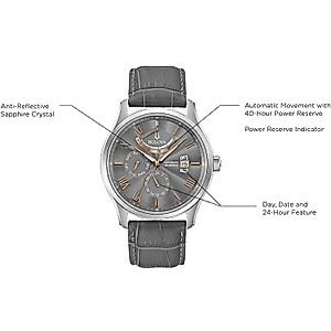 Bulova Men's Classic Wilton 26-Jewel Automatic Leather Strap Watch, 40 Hour Power Reserve, Domed Sapphire Crystal, Exhibition Case Back, Luminous Hands, 43mm