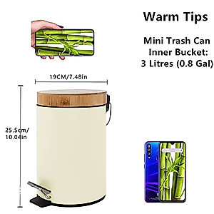 L-Line Way Small Bathroom Trash can with Pedal,Eco Friendly Bamboo lid Soft Close,0.8 Gal/3L .Beige Steel with Removable Inner bin.Strong &Anti Skid Pedal.Color Box.Unique & Boutique Style