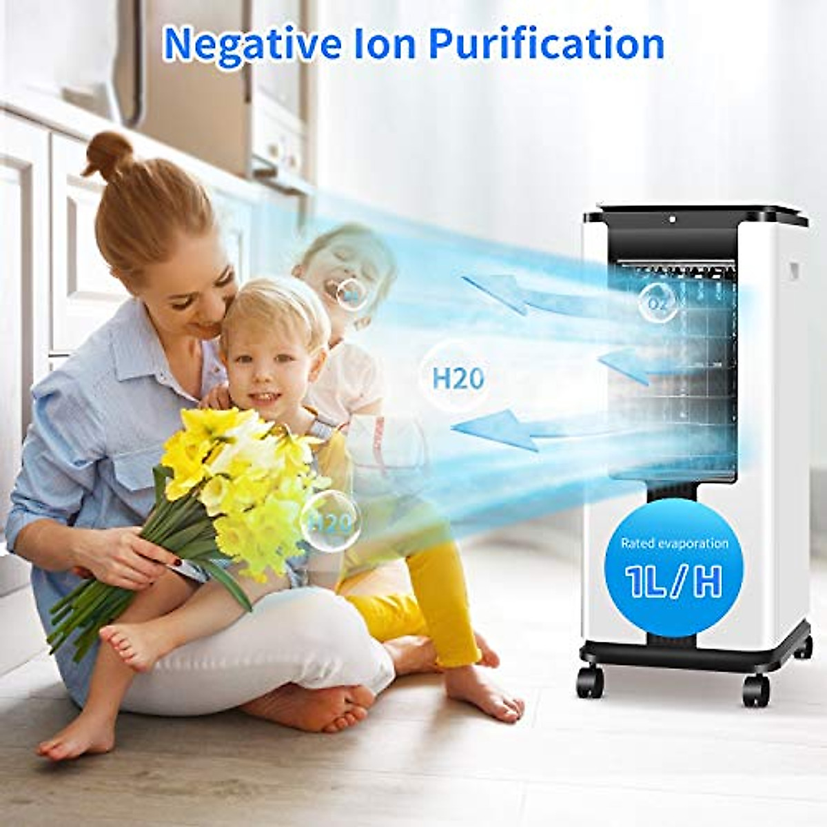 R.W.FLAME Air Cooler,Evaporative Air Cooler, 30IN Tower Fan, Built-in Ionizer,12H Timer,40°Oscillation,3 Modes&Speeds,LED Display, Remote Control with Ice Boxes for Home Office and Garage,White