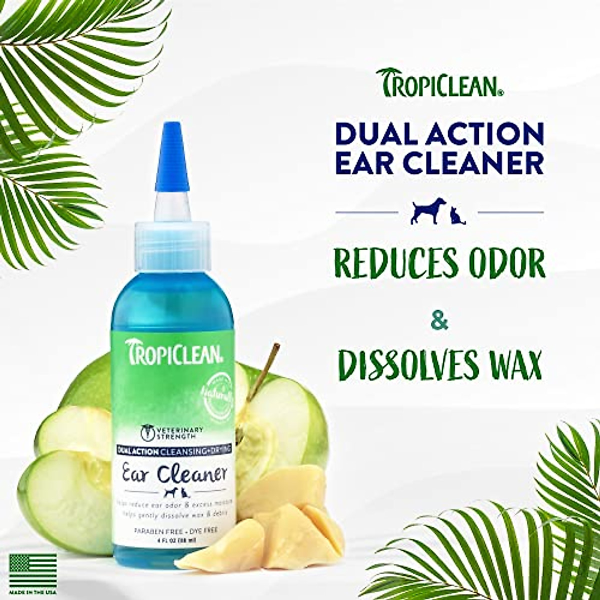 TropiClean Dual Action Ear Cleaner for Cats & Dogs | Vet Tested & Approved Ear Wash for Dogs | Pet Ear Wash Derived from Natural Ingredients | Made in the USA | 4 oz