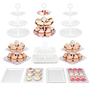 Pack of 10 NWK Cake Stand, Cupcake Stand, with 3 x Two-Tier Cupcake Stands, 3 x Three-Tier Cupcake Stands, 4 x Appetizer Trays, for Birthday Baby Bridal Shower Party (White)