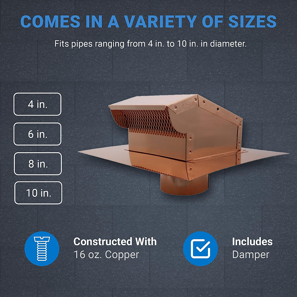 Generic Copper Rooftop Exhaust Vent Cap with Damper and Bottom Extension (10 Inch)