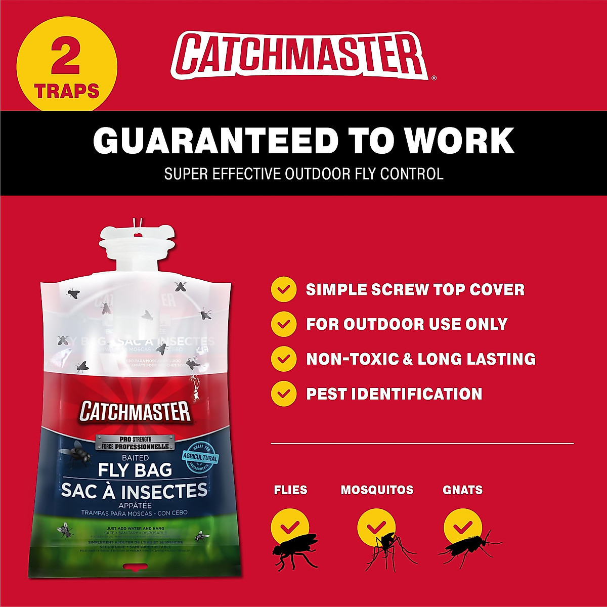 Catchmaster Fly Trap Bundle, Fly Bag 2-Pack & Fly Ribbon 20-Pack, Fruit Fly Traps for Indoors & Outdoors, for Garage, Backyard, Pool, Patio & Camping