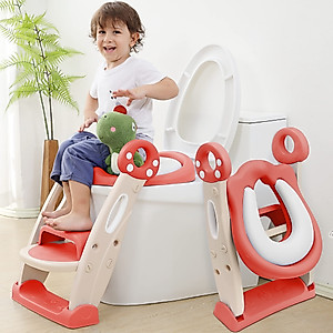 Potty Training Seat with Ladder, Toddler Toilet Seat with Double Step Stools, Newest Potty Training Toilet with Anti-Slip and Mushroom Shape Design for Kids Boys and Girls(Red)