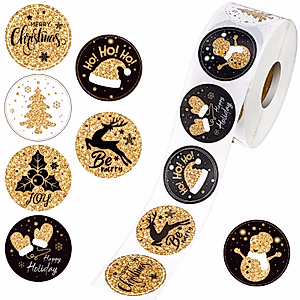 1000pcs Christmas Stickers Labels Christmas Gift Stickers Rolls Winter Holiday Envelope Stickers Round Xmas Seal Sticker for Christmas Tags Craft Party Decoration(Faux Glitter Gold and Black)