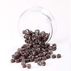 200Pcs Beads Silicone Aluminium Micro Nano Rings 5.0x3.0x3.0 mm Lined For I Tip/Nano Hair Extensions Tool Beads (Brown Color)