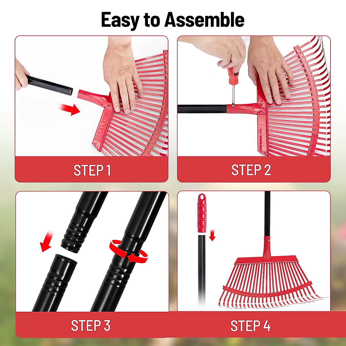 Garden Leaf Rake with 60 Inch Adjustable Long Steel Handle, 11 Metal Tines 8.8" Wide Garden Rake for Lawns Shrub Debris and Flower Beds