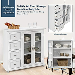 Giantex Buffet Sideboard, Wood Storage Cabinet, Console Table with 4 Drawers, 2-Door Credenza, Living Room Dining Room Furniture, Buffet Server, Kitchen Pantry Cupboard (White)