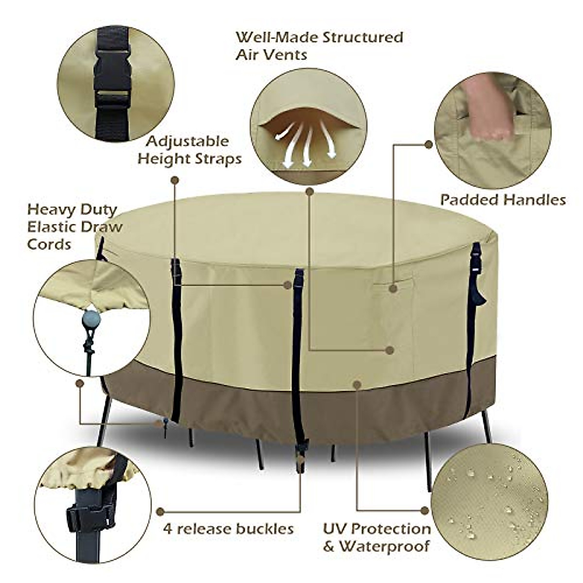 Ogrmar Patio Furniture Cover, Round Outdoor Waterproof & Sun Resistant Table Set Cover,Beige and Brown (96 x 27.5 inch)