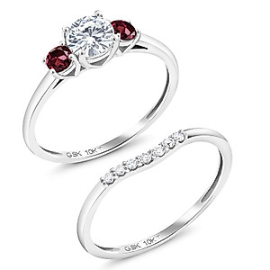 10K White Gold Forever Brilliant Moissanite From Charles & Colvard and Red Rhodolite Garnet and Lab Grown Diamond 3-Stone Bridal Engagement Wedding Ring Set For Women (0.81 Cttw, Round 5MM, Size 6)