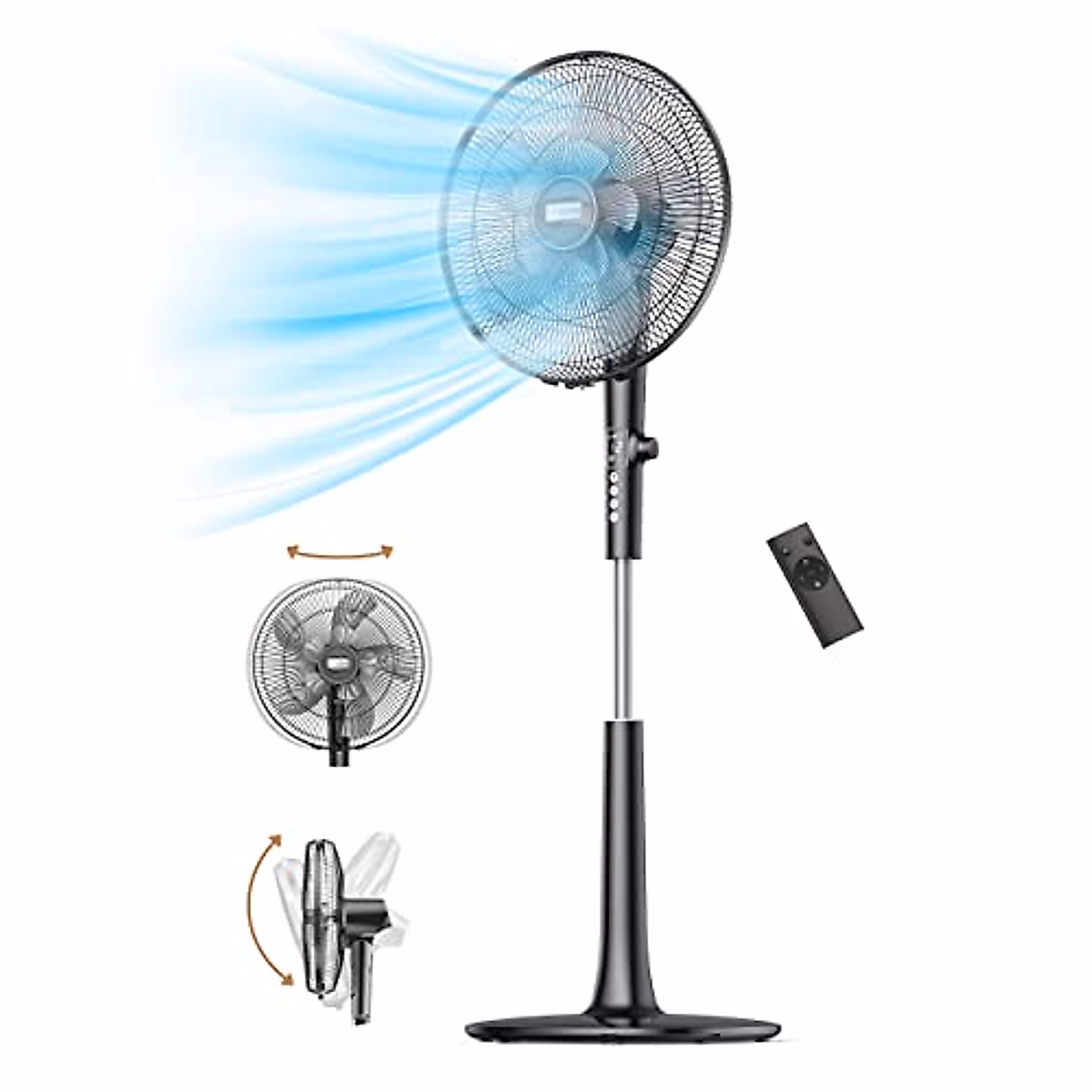 PARIS RHÔNE Fans for Home Bedroom, Oscillating Fan with Remote,16" Standing Floor Fans for Home, Dual Blade with 3 Wind Modes 12 Speed Levels,18-Hour Timer, Adjustable Height 44 to 53.1 Inch, Black