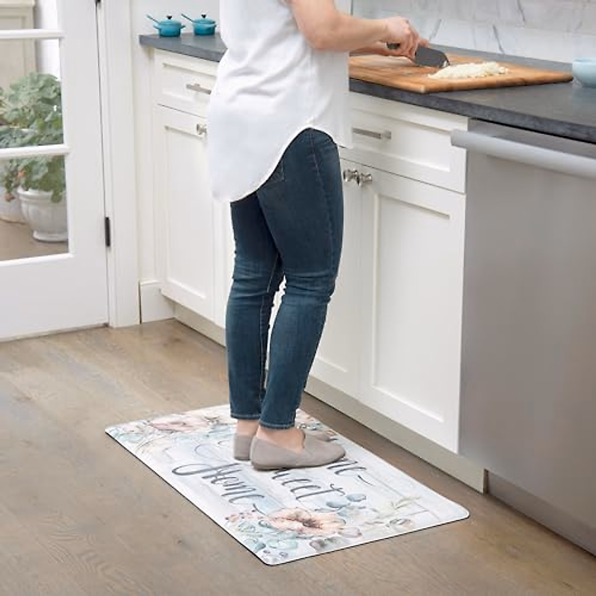 Home Dynamix Cozy Living Home Sweet Home Floral Runner Anti-Fatigue Kitchen Mat, Non-Slip Floor Mat, Padded Standing Desk Mat, Grey/Blue, 17.5"x30"