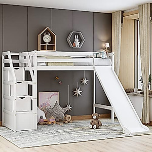 Merax Twin Size Loft Bed Frames with Silde, Staircase and Safety Guardrails No Box Spring Needed for Teens, Boys or Girls, White