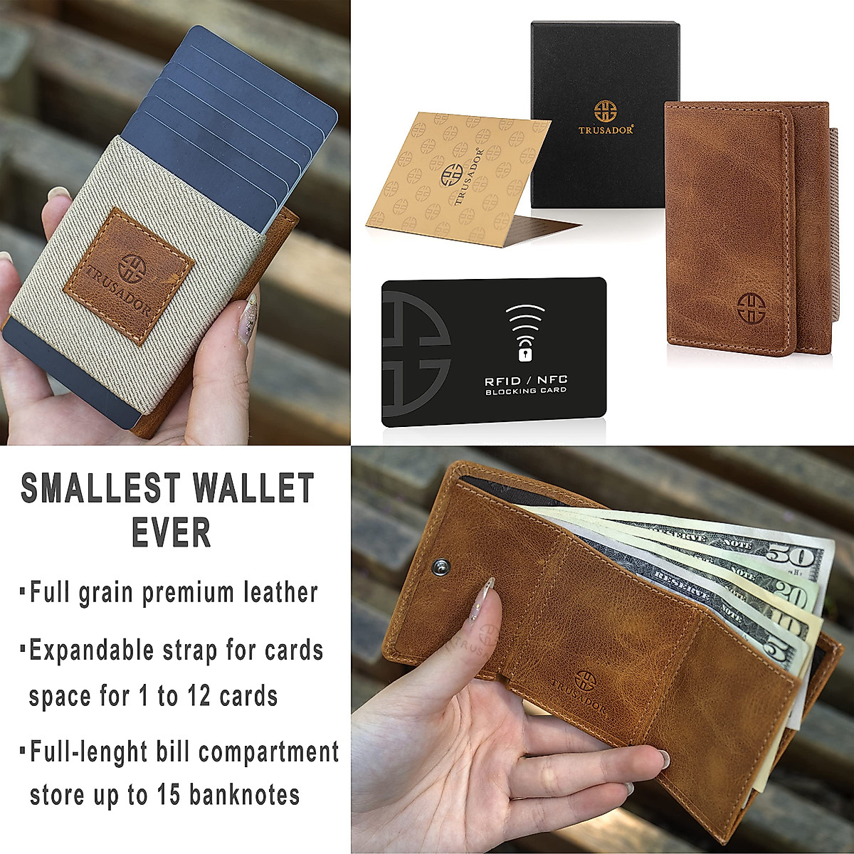 TRUSADOR Rimini Men & Women Minimalist Small Front Pocket Leather Wallet Elastic Credit Card Holder (Cognac)