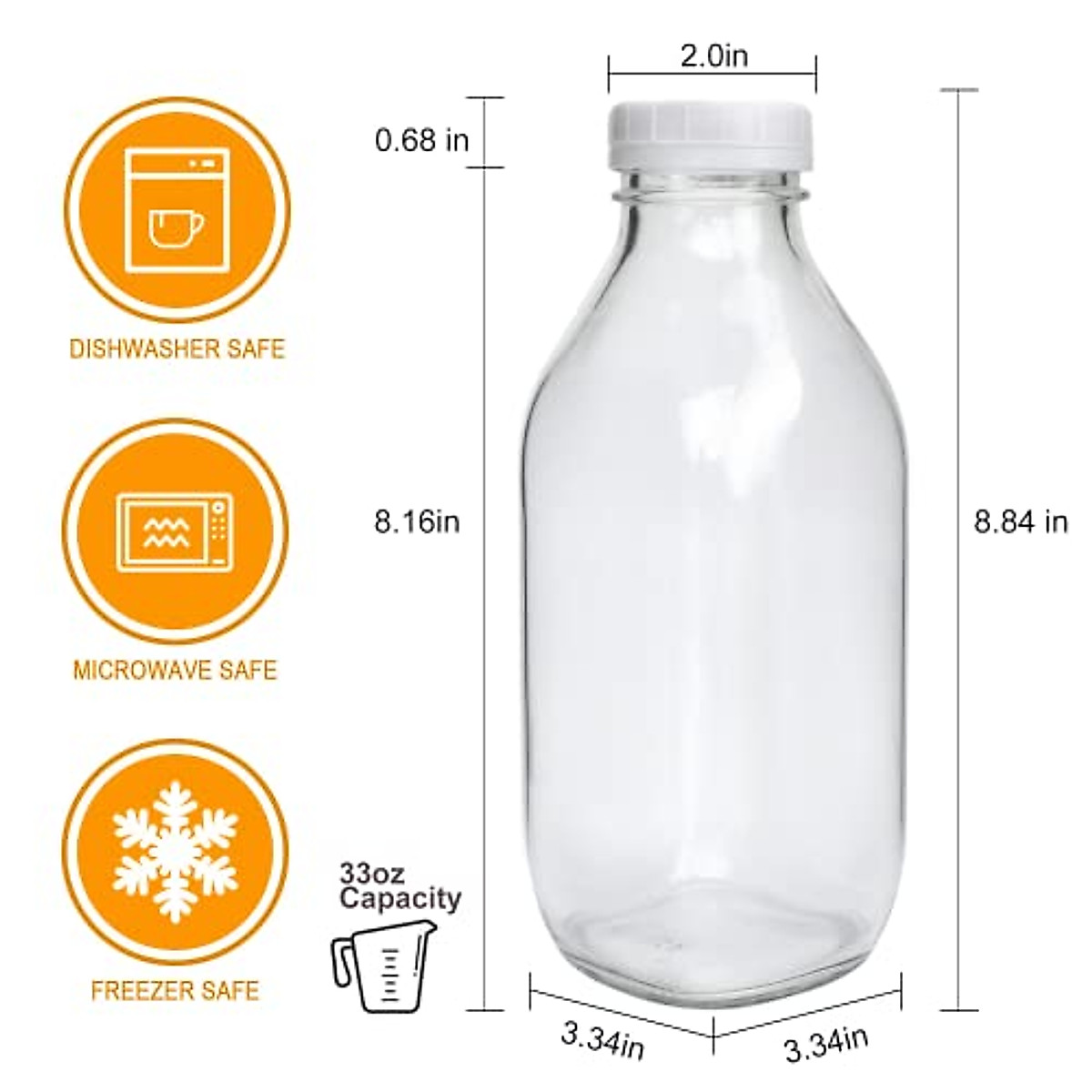 Datttcc Glass Milk Bottles,33 OZ Milk Containers for Refrigerator with Plastic Lids,Glass Water Bottles for Milk, Yogurt, Smoothies, Kombucha, Water (10 pack)