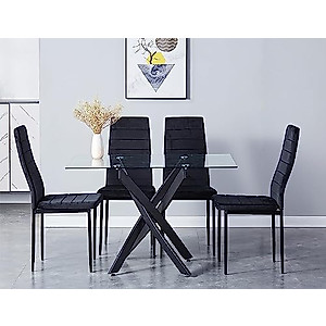 NIERN Glass Dining Table Set for 4, Modern 5-Piece Rectangular Kitchen Table Set with 4 upholstered high-Back Chairs for Kitchen Dining Room (Black Table with Black Chair)